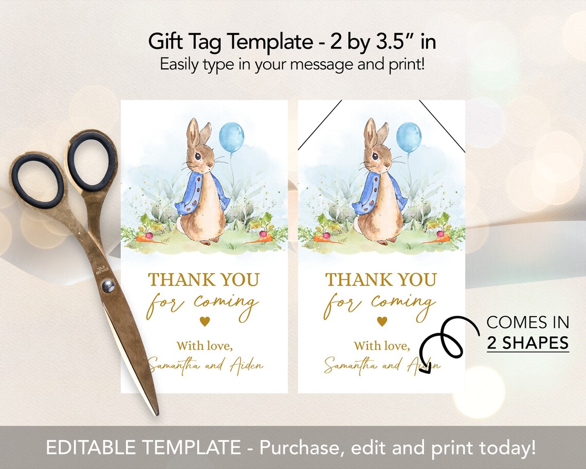 Peter Rabbit Gift Tag EDITABLE Thank You for Coming Favor - Etsy