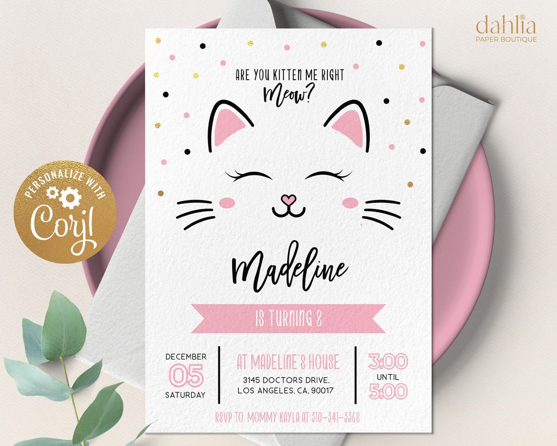 Kitty Cat Birthday Invitation EDITABLE Purrfect Party Invite - Etsy