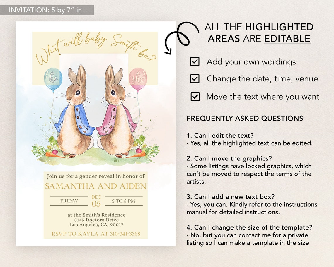 Peter Rabbit Gender Reveal Invitation Editable Gender Neutral | Etsy