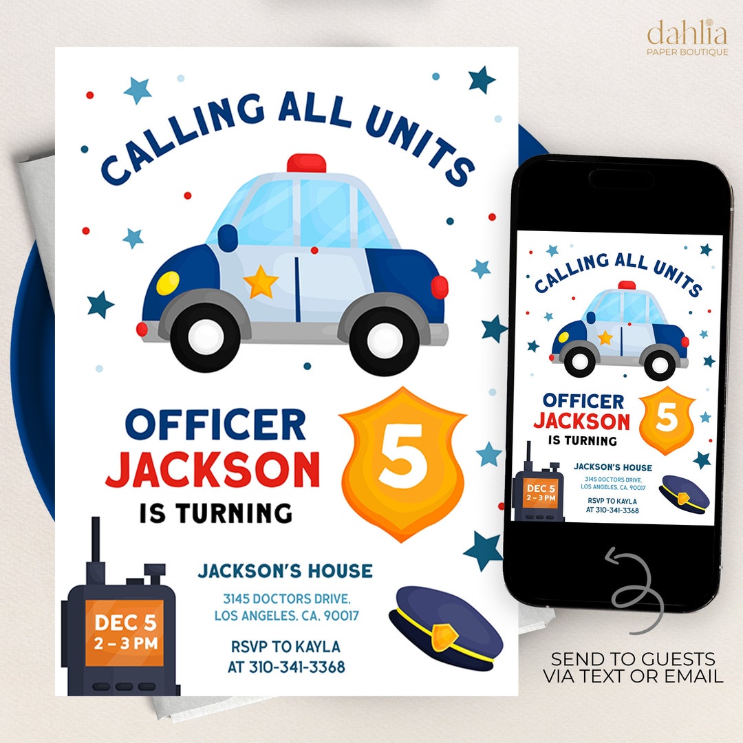 Police Birthday Invitation, EDITABLE Cop Car Party Invite Template ...
