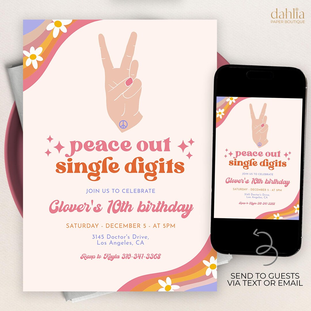 Peace Out Single Digits Birthday Invitation, Editable Retro Disco Party ...