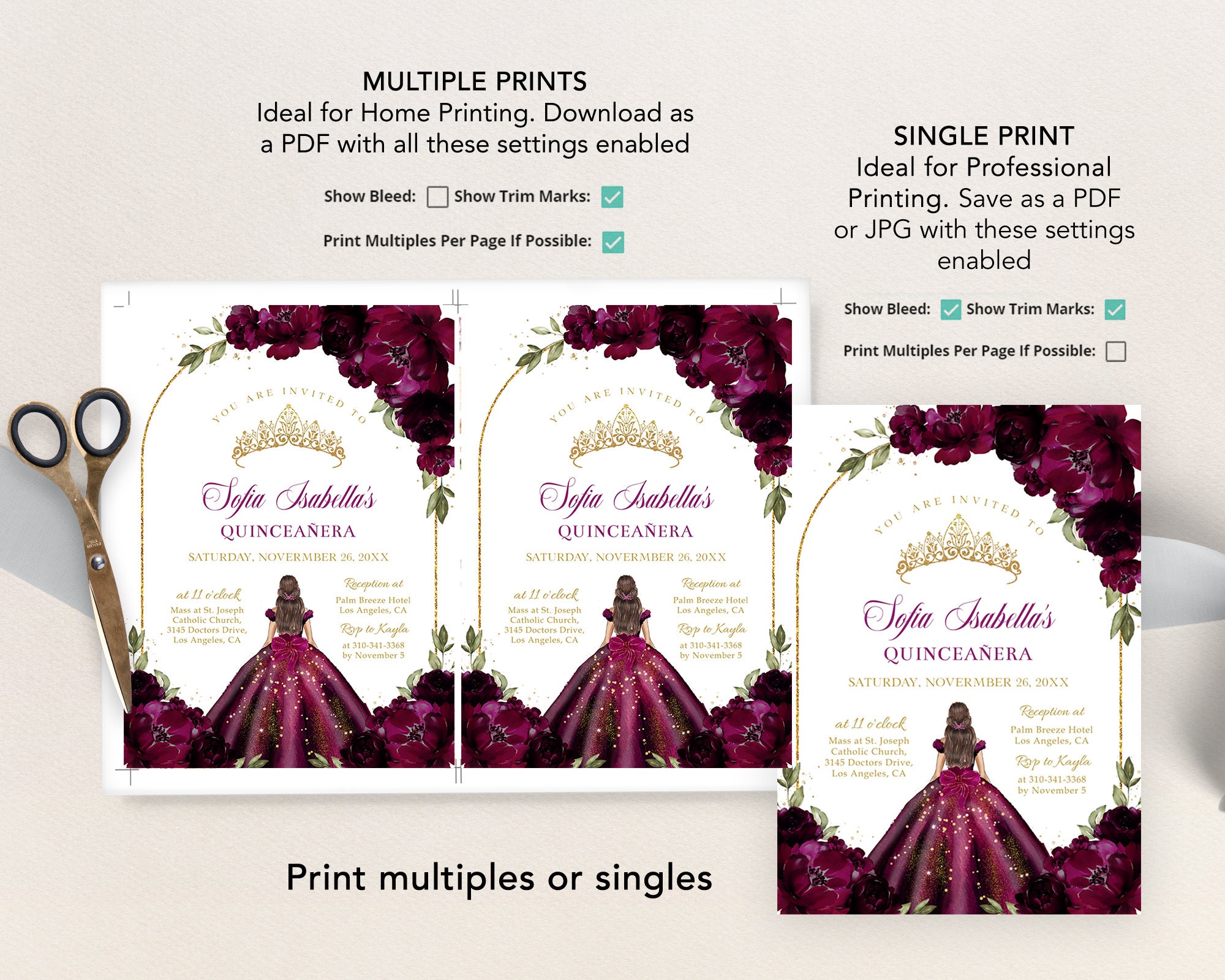Plum Purple and Gold Arch Quinceañera Invitation, EDITABLE Tiara Rose ...