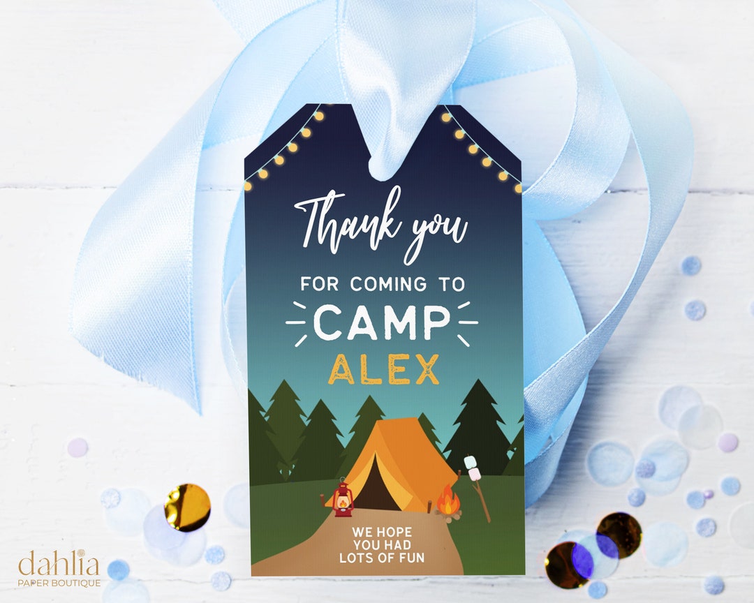 EDITABLE Camping Birthday Gift Tag, Camping Party Favor Template, Thank ...