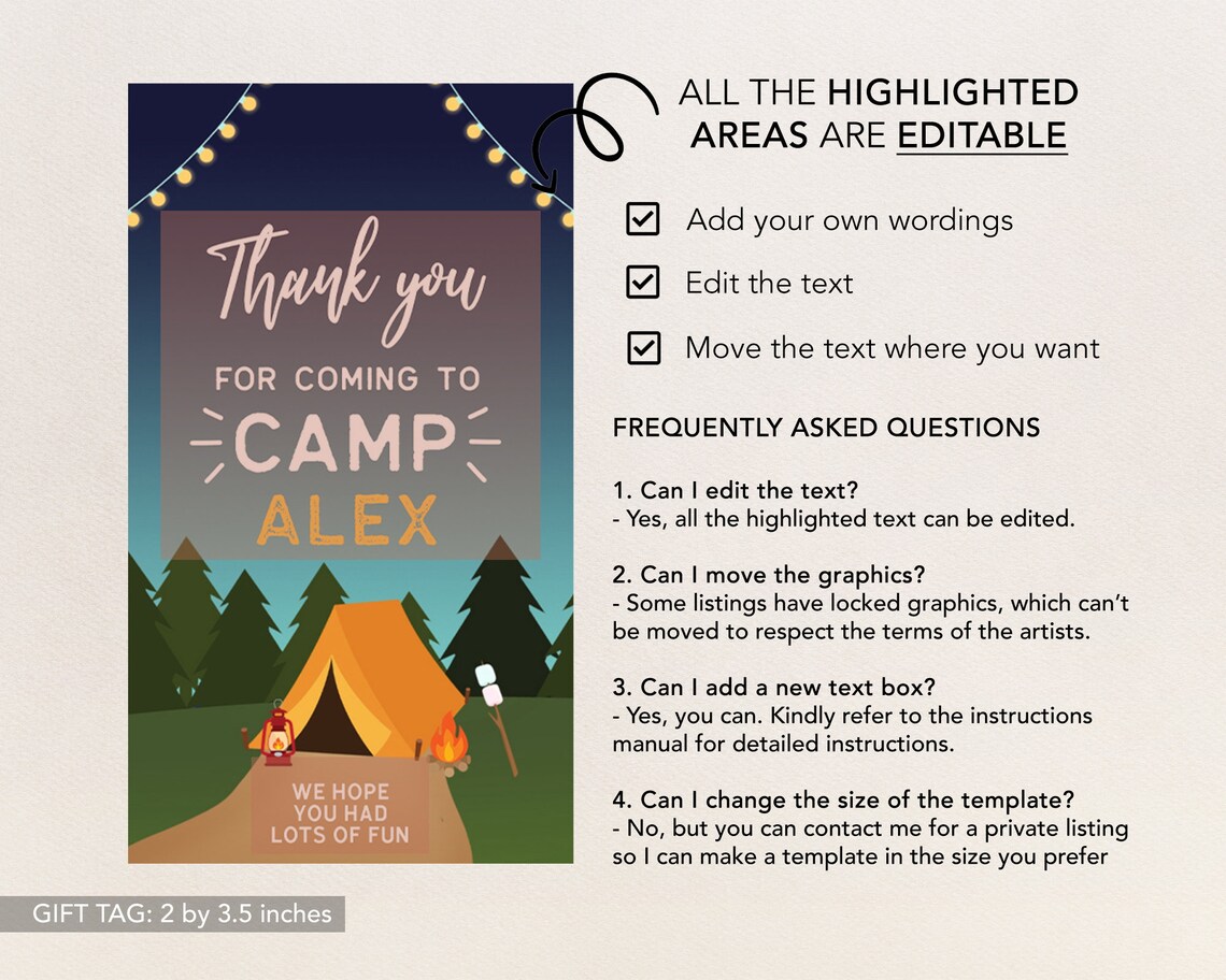 EDITABLE Camping Birthday Gift Tag Camping Party Favor - Etsy