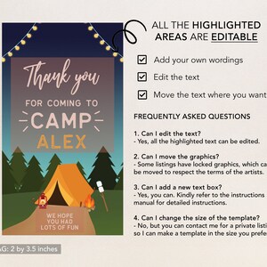 EDITABLE Camping Birthday Gift Tag, Camping Party Favor Template, Thank ...