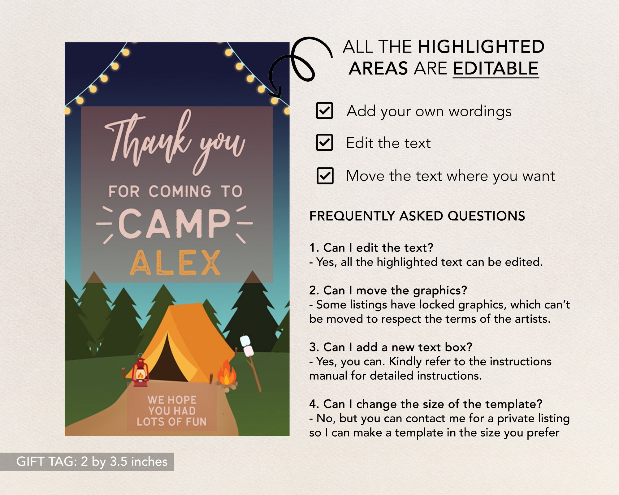 EDITABLE Camping Birthday Gift Tag Camping Party Favor - Etsy