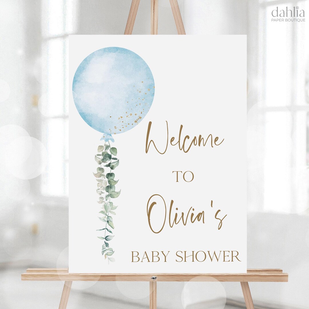Oh Boy Balloon Eucalyptus Welcome Sign, EDITABLE Blue Watercolor Sign ...