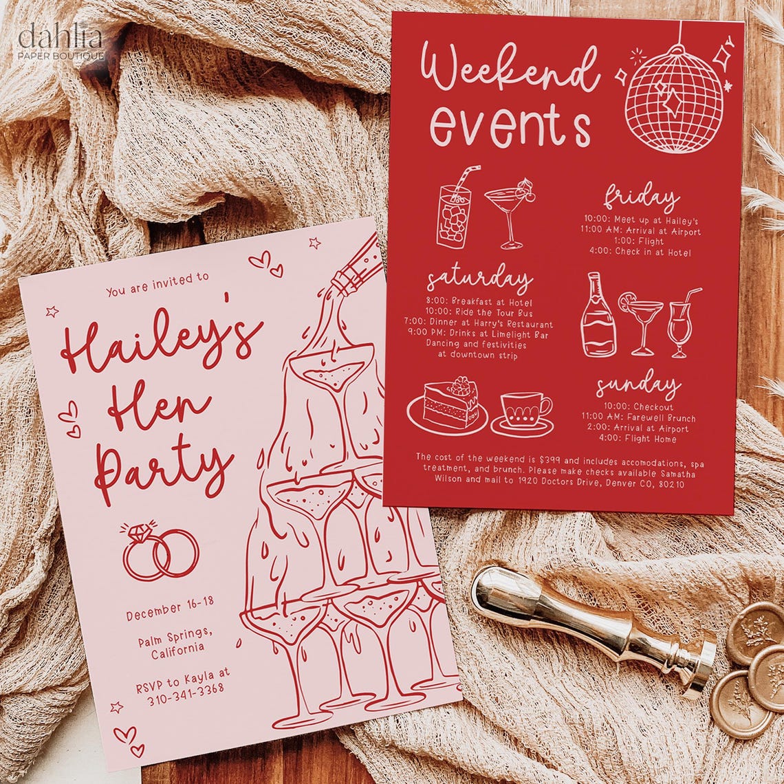 Hand Drawn Hen Party Invite & Itinerary Template, Editable Red Quirky ...