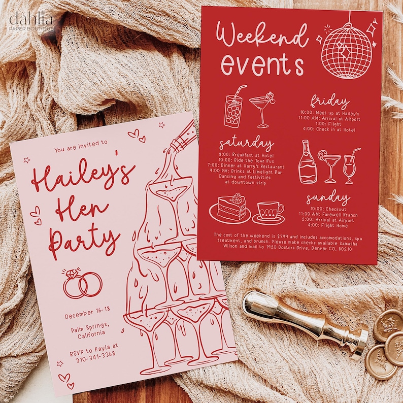 Hand Drawn Hen Party Invite & Itinerary Template, Editable Red Quirky ...