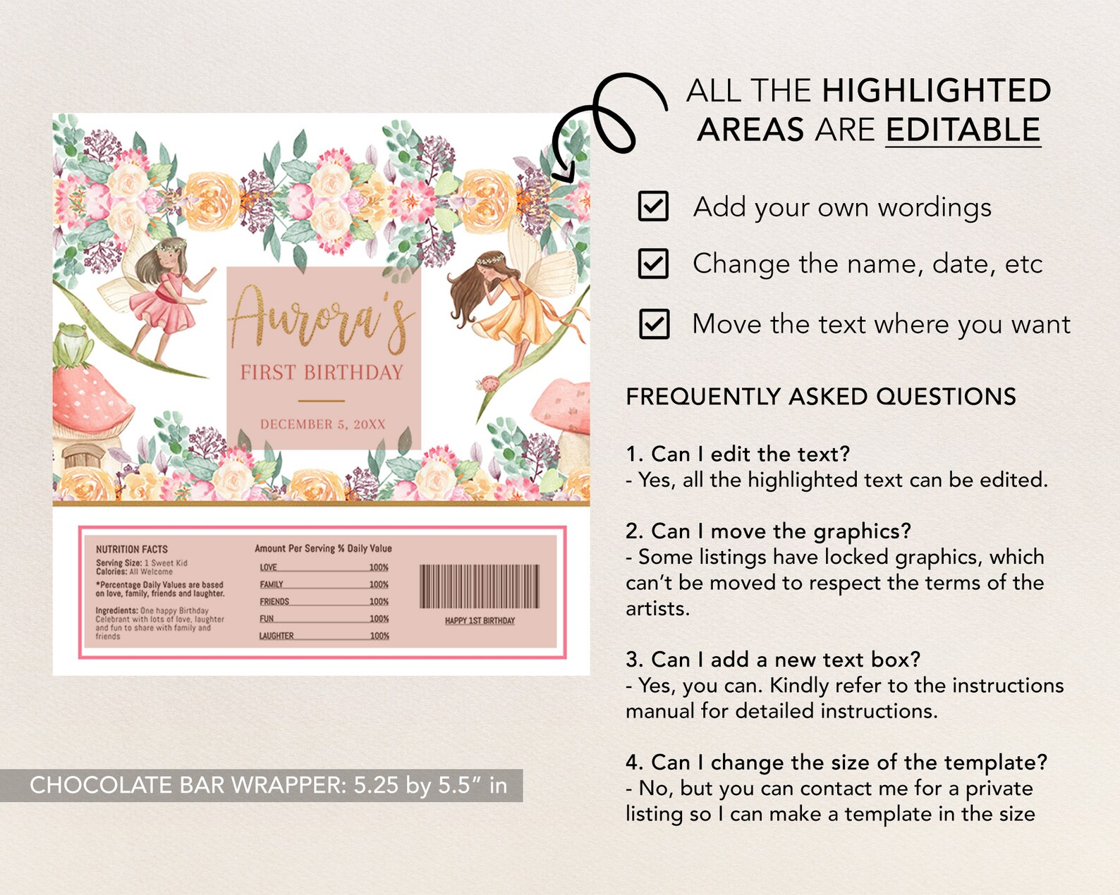 Editable Fairy Chocolate Bar Label Template Candy Bar | Etsy