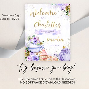 EDITABLE Tea Party Birthday Welcome Sign, Purple & Gold Par-tea Sign ...
