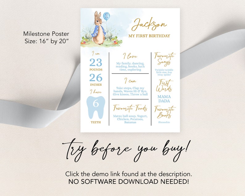 Peter Rabbit First Birthday Milestone Poster EDITABLE - Etsy