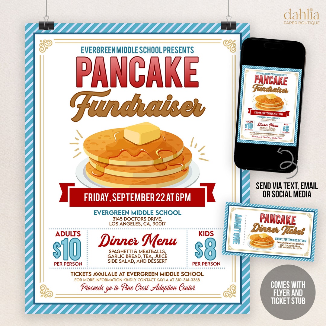 Editable Pancake Breakfast Fundraiser Flyer Ticket, PTA PTO School ...