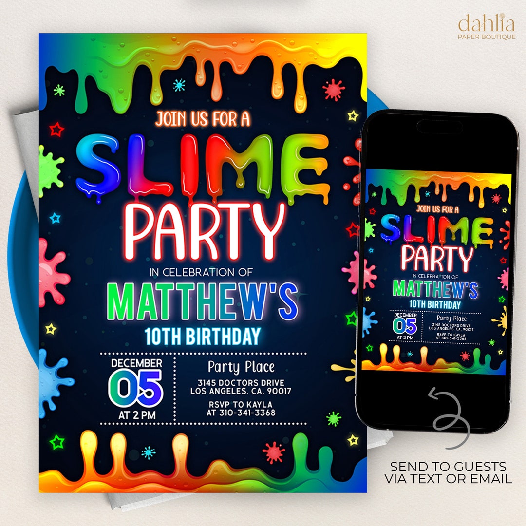 Slime Birthday Invitation, EDITABLE Neon Glow Slime Party Invite ...