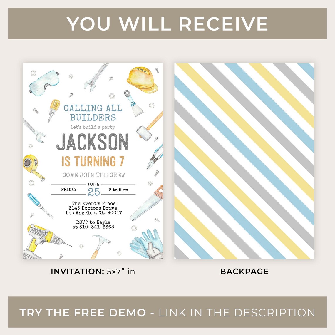 Handyman Builder Tools Birthday Invitation, EDITABLE Dump Trucks Party ...