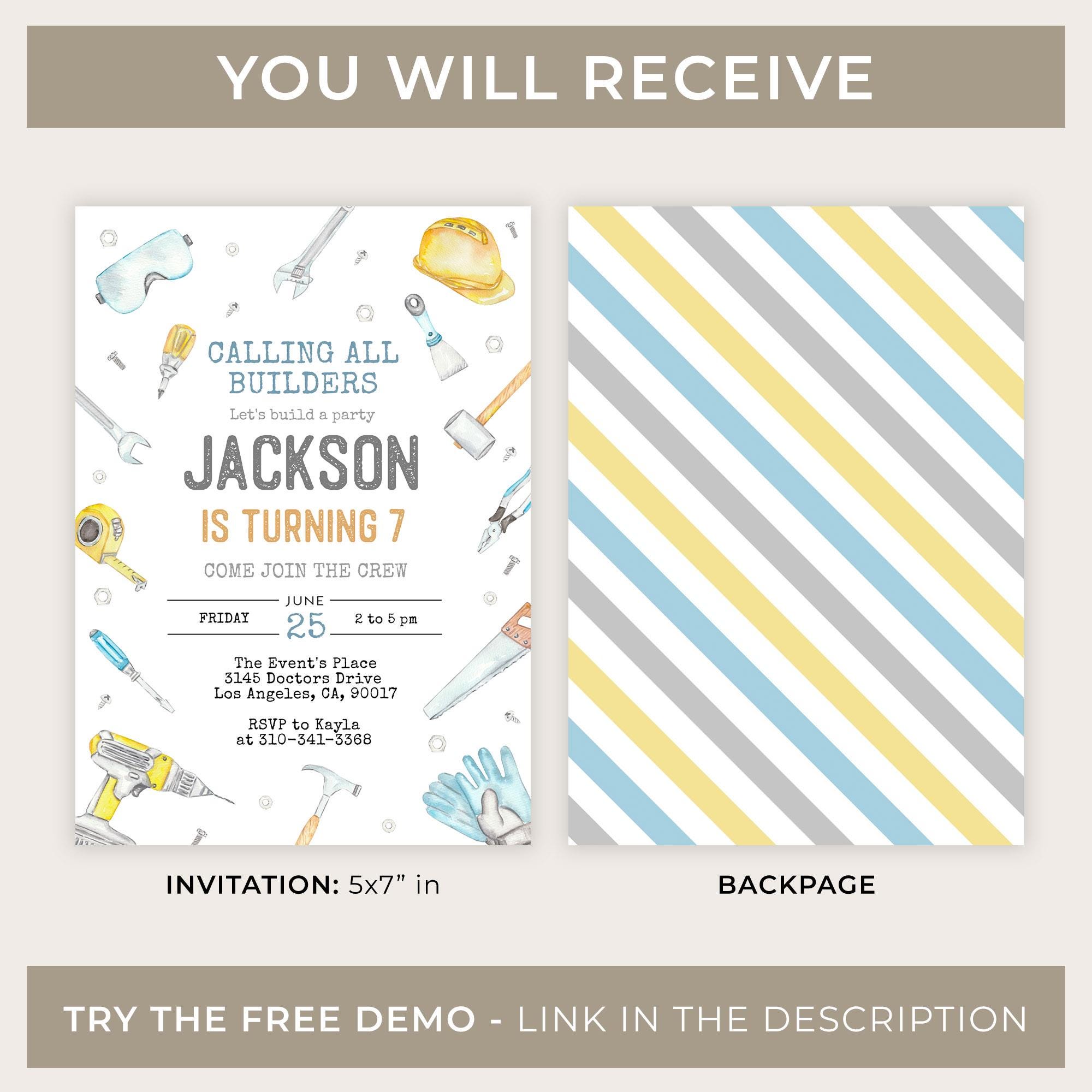 Handyman Builder Tools Birthday Invitation, EDITABLE Dump Trucks Party ...