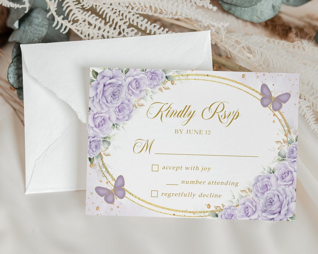 Quinceañera RSVP Card Template, Editable Lavender Purple and Gold ...