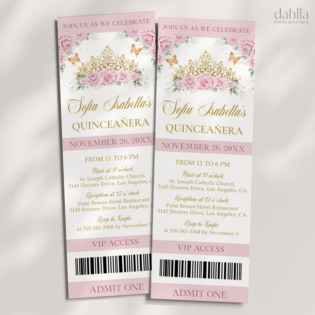 Blush Pink Gold Quinceañera Tiara Ticket Invitation, EDITABLE Rose ...