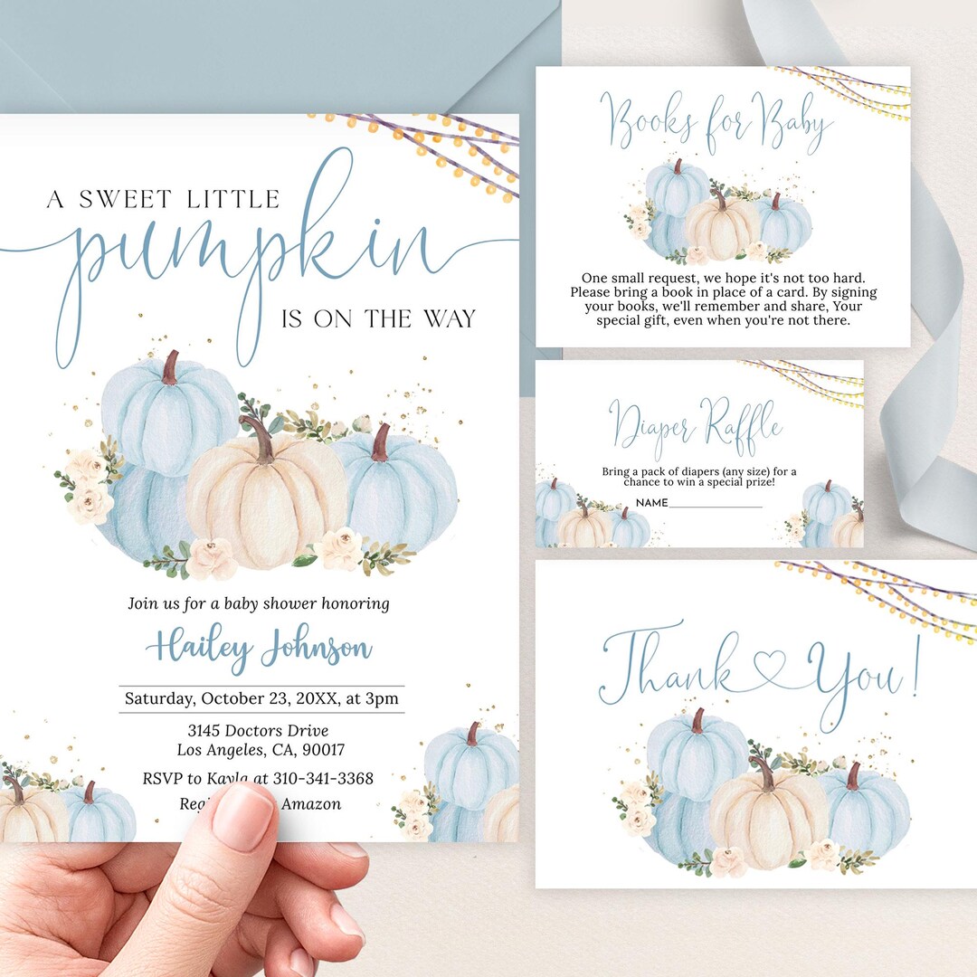 Sweet Little Pumpkin Baby Shower Invitation Set, Boho Blue Floral Boy ...