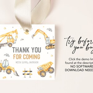 Modern Construction Birthday Thank You for Coming Gift Tag, Editable ...