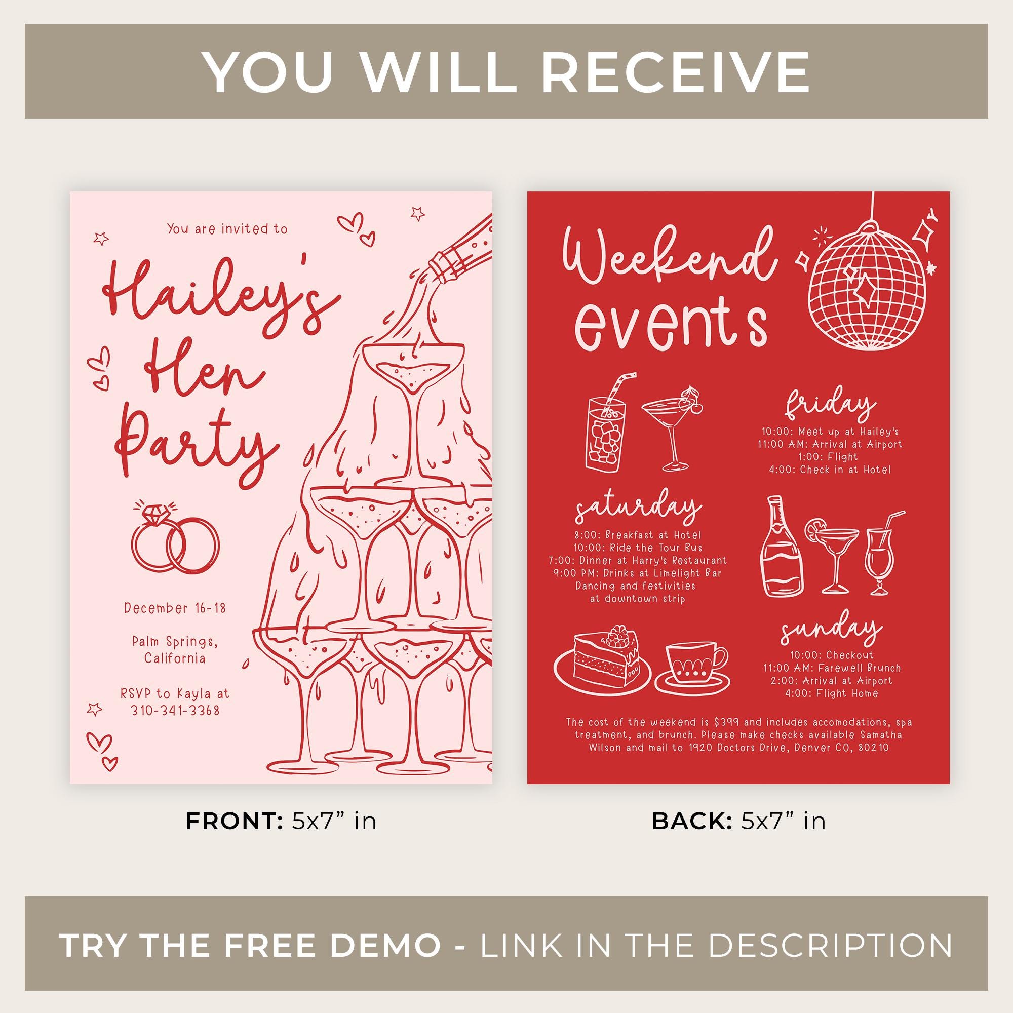 Hand Drawn Hen Party Invite & Itinerary Template, Editable Red Quirky ...
