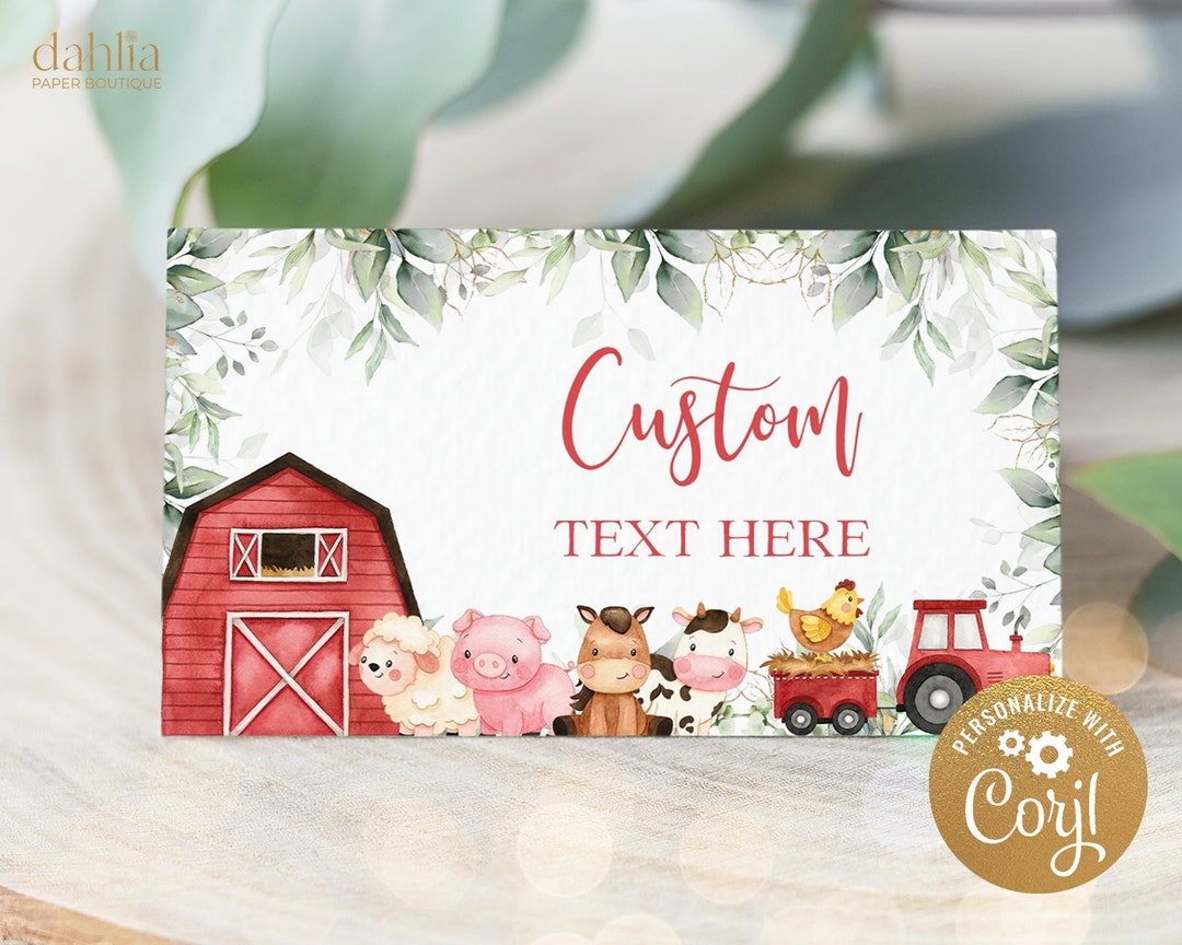 Farm Birthday Food Labels Template, Barn Animals Place Card, Red Ranch ...
