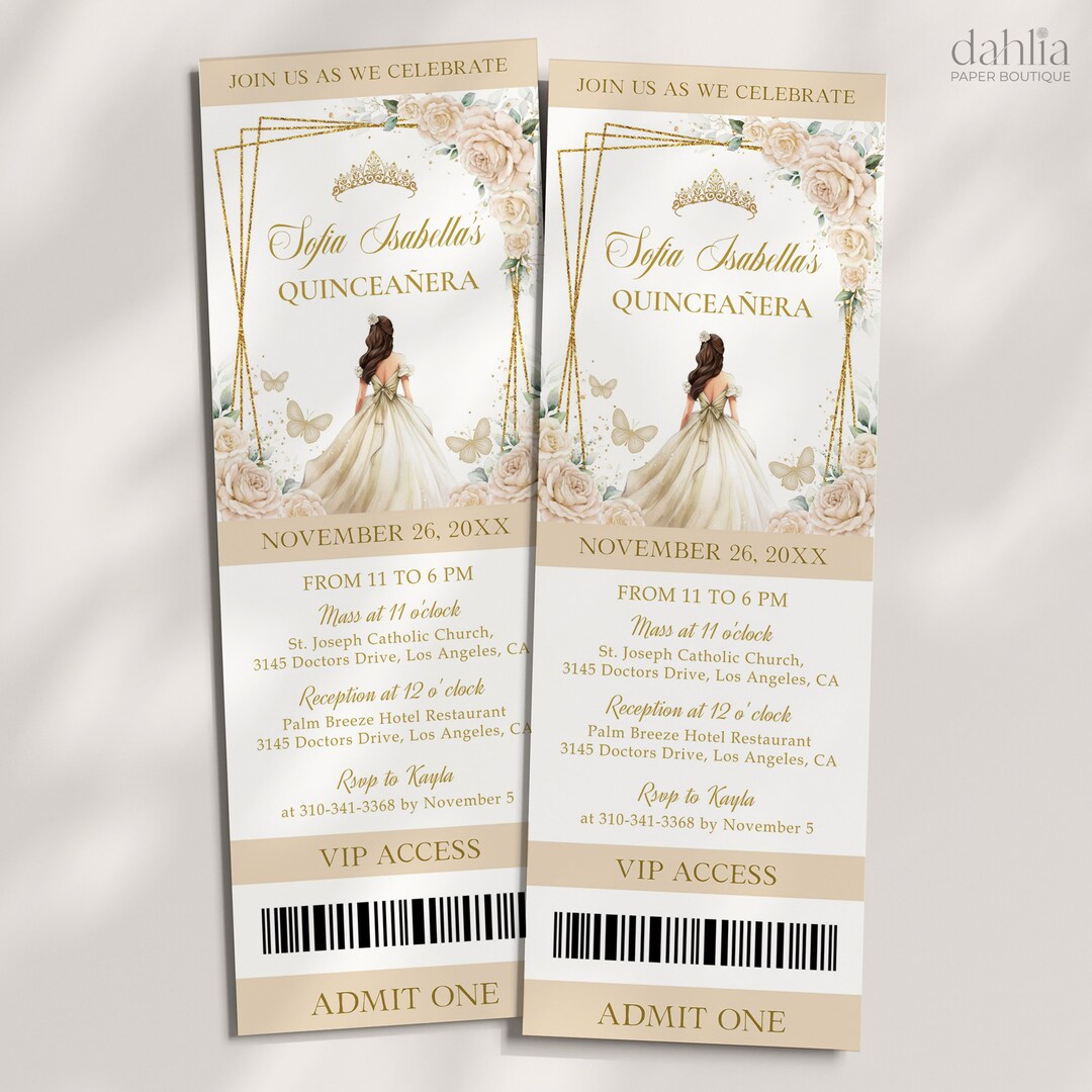 Champagne Creme and Gold Quinceañera Tiara Ticket Invitation, EDITABLE ...