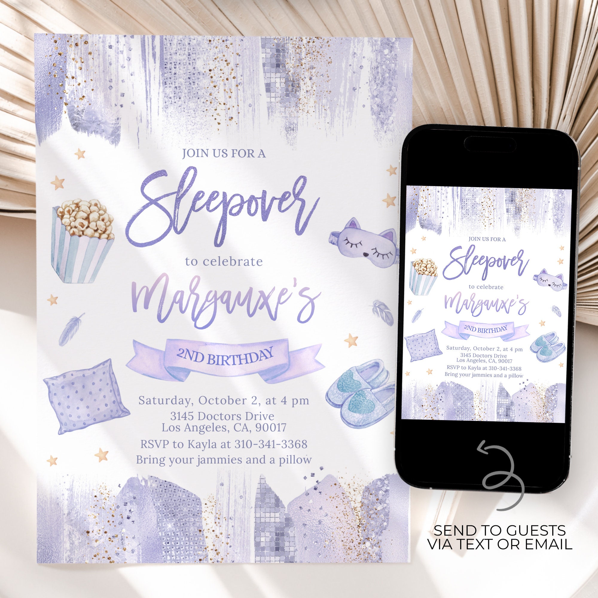 Slumber Party Birthday Invitation, Editable Lilac Purple Sleepover ...