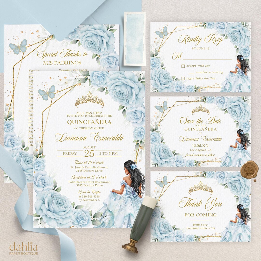 Baby Blue and Gold Quinceañera Invitation Suite, EDITABLE Save the Date ...