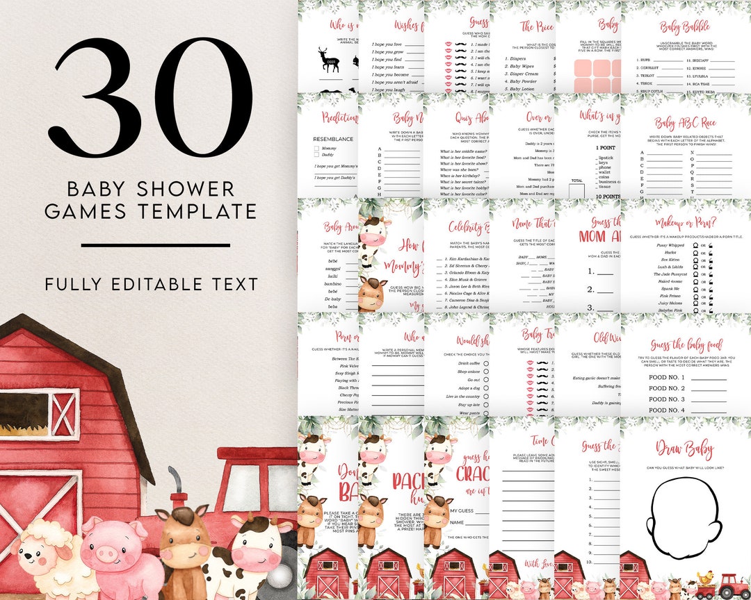 EDITABLE 30 Farm Baby Shower Games, Barn Animals Baby Shower Game ...
