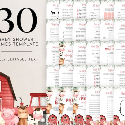 Farm Animal Baby Shower Games Bundle Editable Baby Shower - Etsy