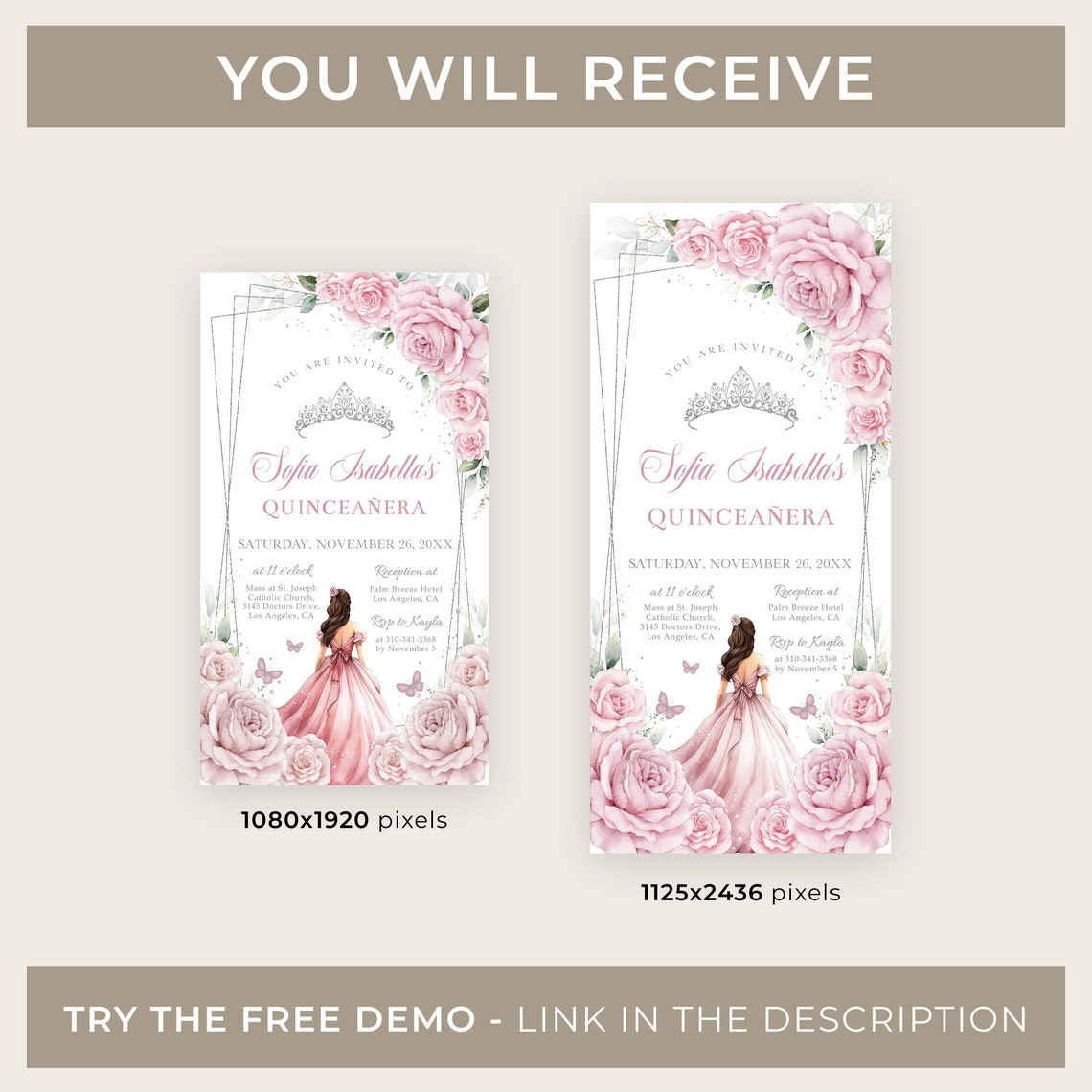 Blush Pink and Silver Quinceañera Digital Invitation, EDITABLE ...