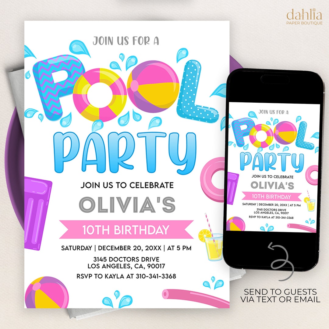 Pool Party Invitation, EDITABLE Swimming Party Invite, Tropical Girl ...