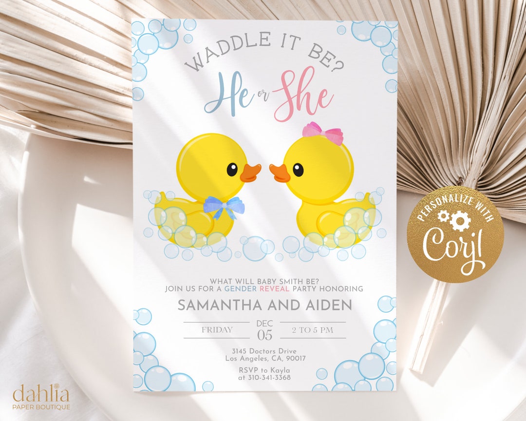 EDITABLE Rubber Duckie Gender Reveal Invitation, Waddle It Be Invite ...
