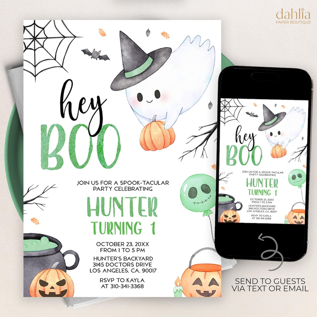 Hey Boo Birthday Invitation, EDITABLE Kids Spooktacular Halloween Party ...