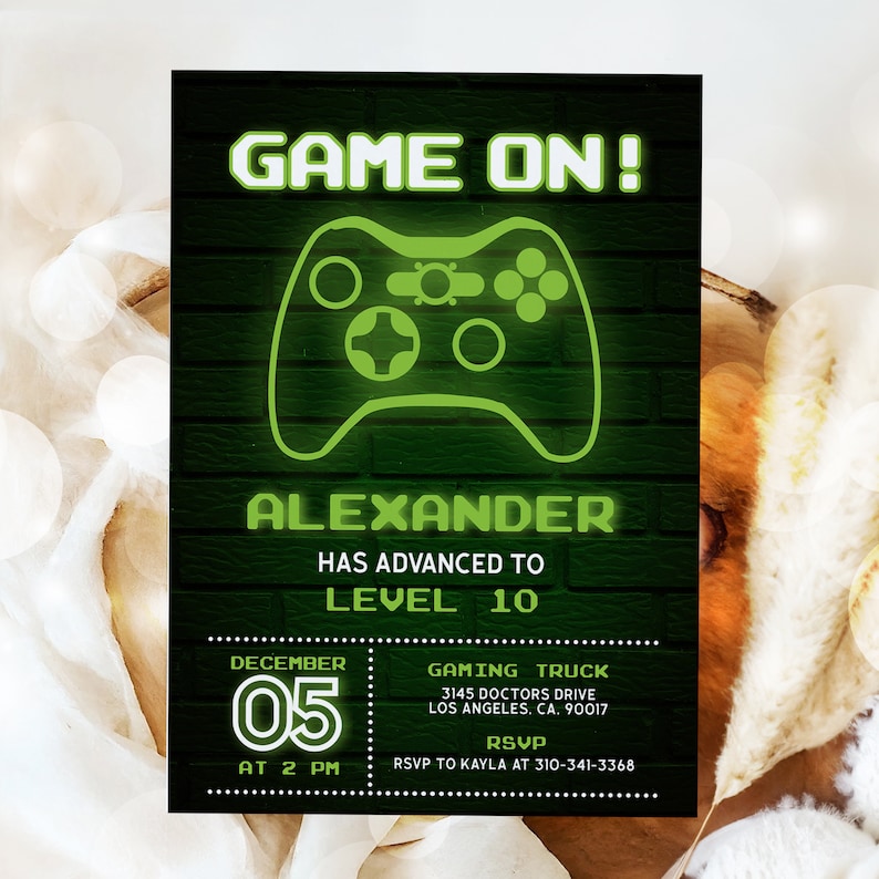 EDITABLE Video Game Party Invitation, Gamer Birthday Invite, Green Glow ...