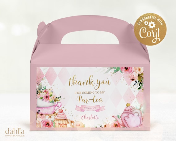 Tea Party Gable Box Label Template, Editable Pink and Gold Par-tea ...