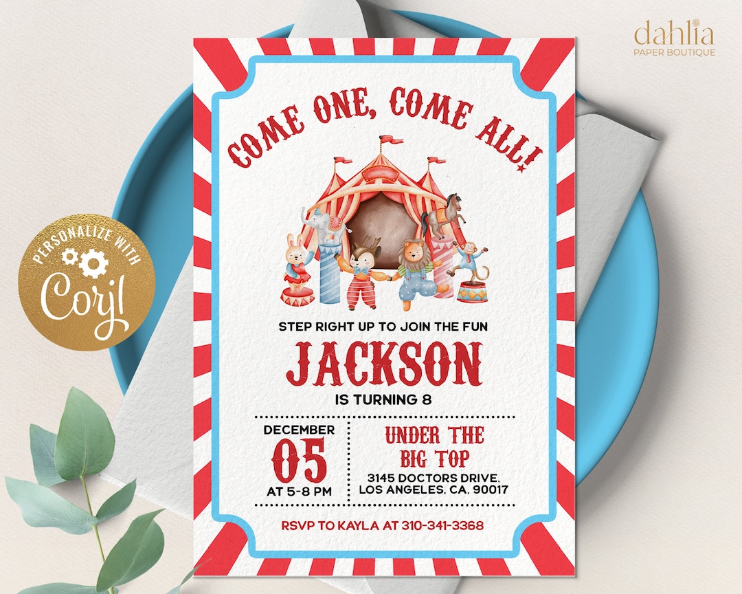 Circus Animals Birthday Invitation, EDITABLE Carnival Party Invite ...