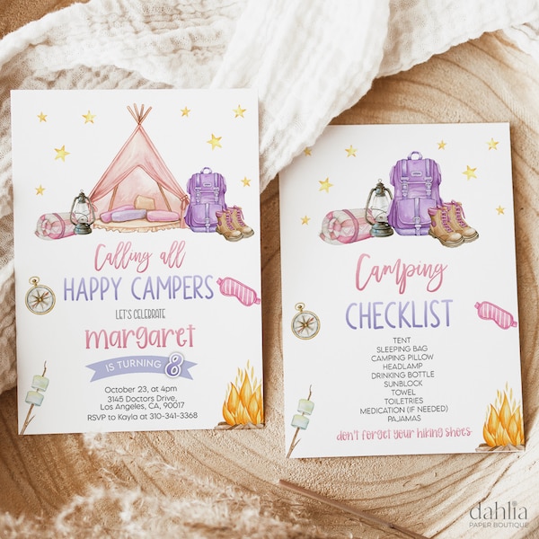 Girls Birthday Party Camp Out Invite Summer Camping Party Invitation - Etsy