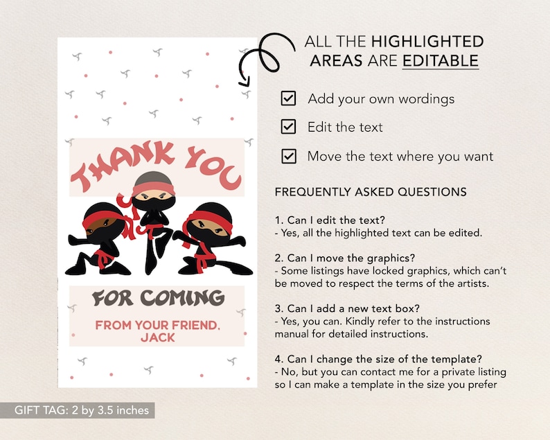 EDITABLE Ninja Birthday Thank You for Coming Gift Tag, Ninja Warrior ...