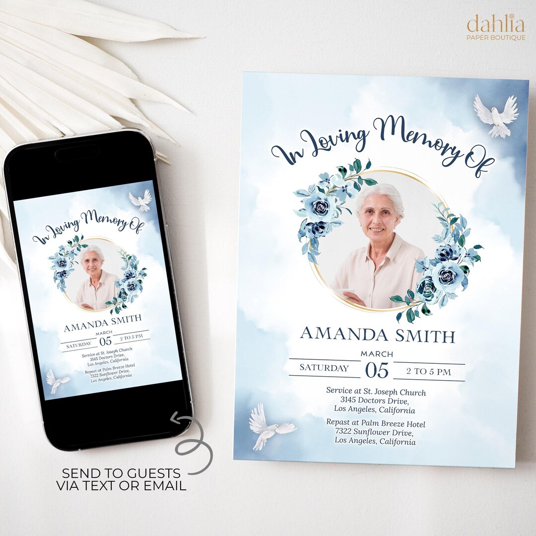 Blue Sky Dove Funeral Invitation Template, Editable Heavenly Funeral ...