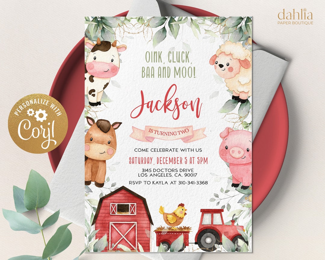 EDITABLE Farm Birthday Invitation, Barn Animals Party Invite Template ...