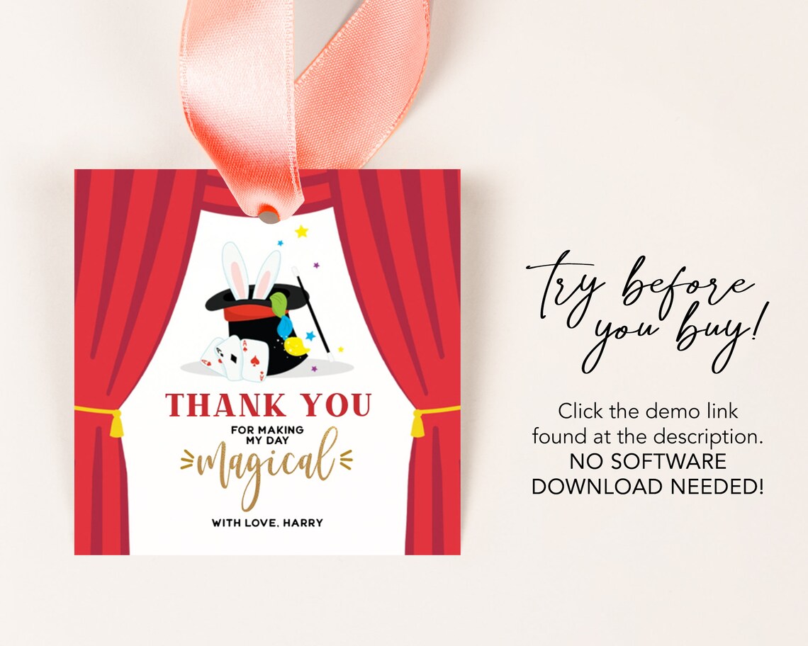 EDITABLE Magic Show Birthday Round Gift Tag, Purrfect Party Favor ...