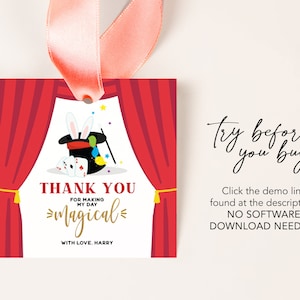 EDITABLE Magic Show Birthday Round Gift Tag, Purrfect Party Favor ...