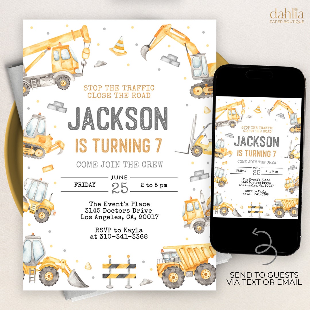Modern Construction Birthday Invitation, EDITABLE Dump Trucks Party ...
