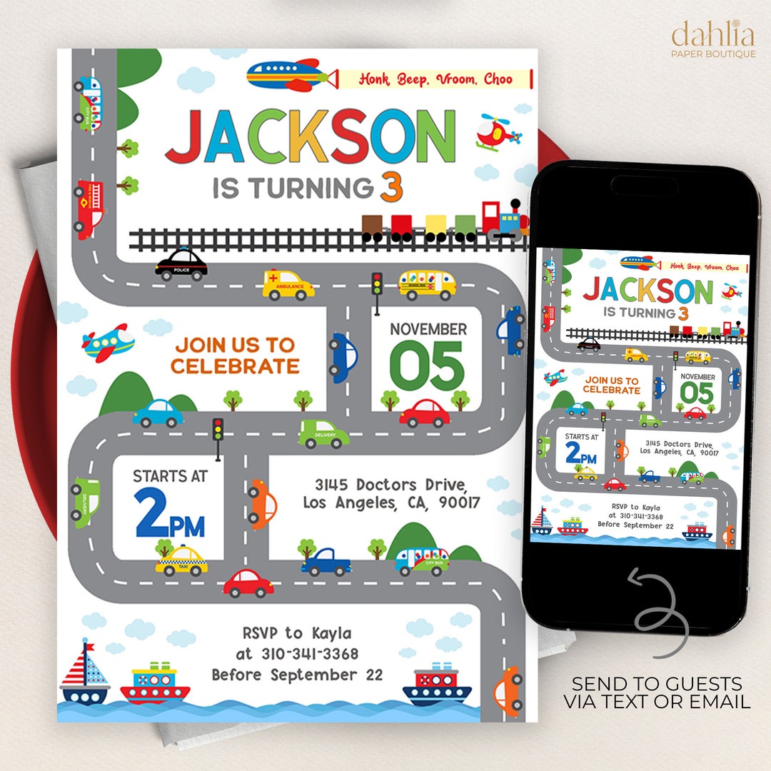 Modern Transportation Birthday Invitation, EDITABLE Vehicle Party ...