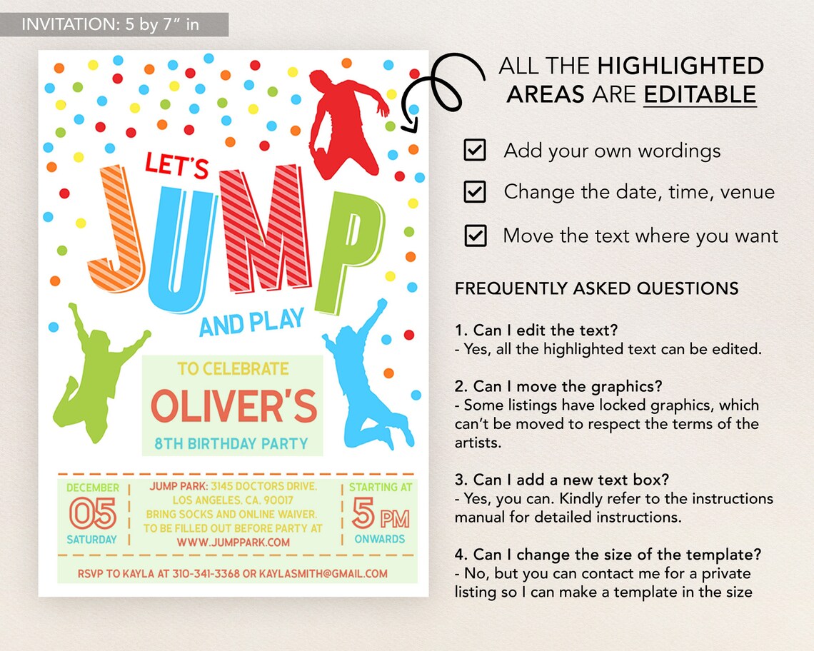 Jump Invitation Editable Jump Birthday Invite Trampoline - Etsy