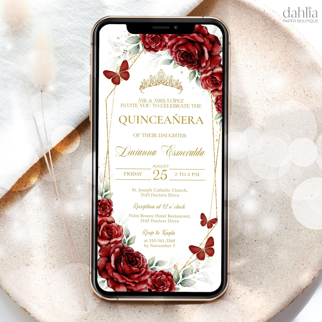 Burgundy Red and Gold Quinceañera Digital Invitation, EDITABLE 15th ...