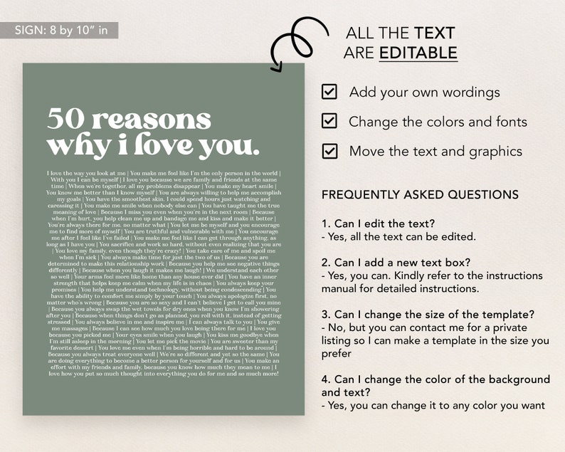 EDITABLE Reasons Why I Love You Template Printable Sign Gift | Etsy