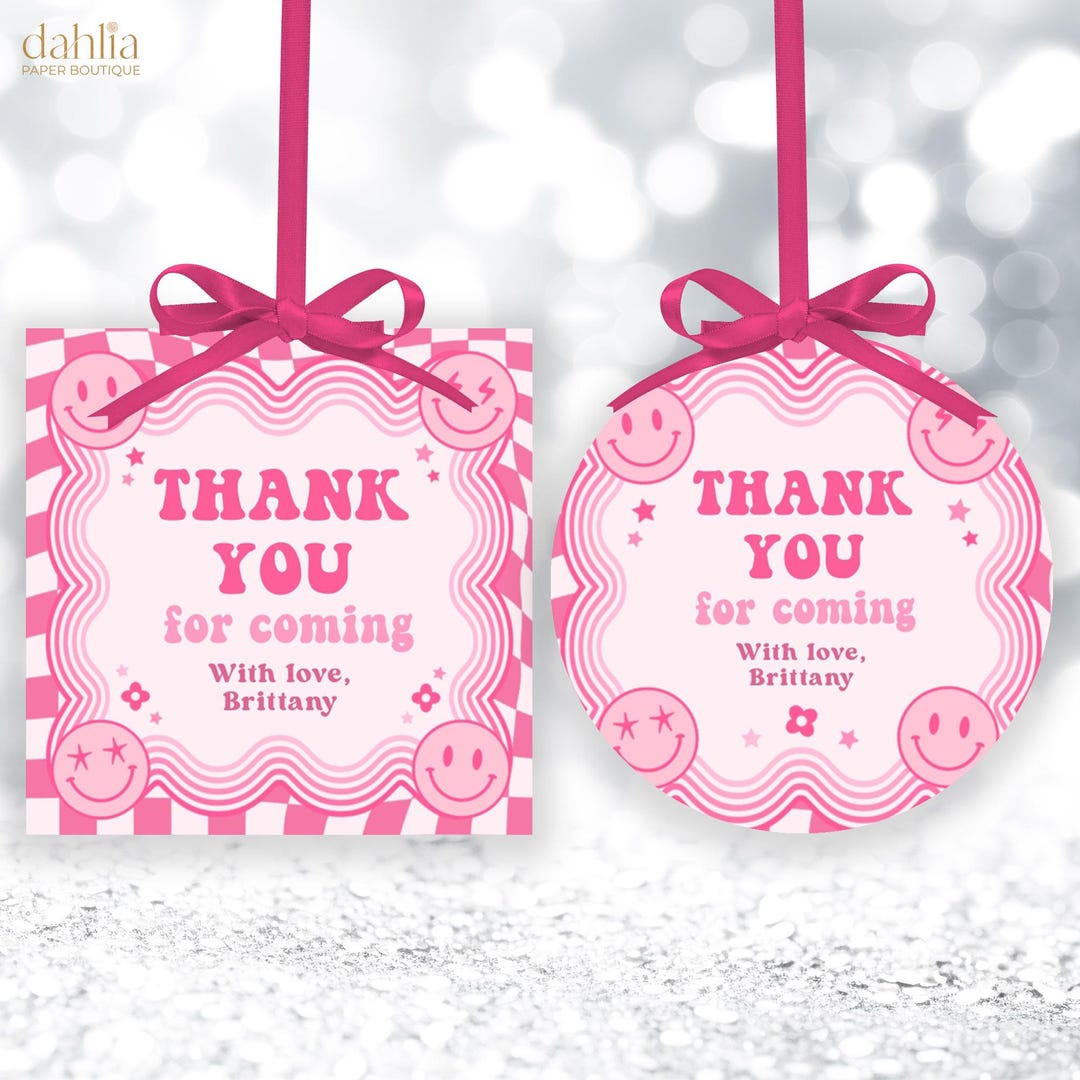 Thank You for Coming Gift Tag, EDITABLE Retro Smiley Birthday Party ...